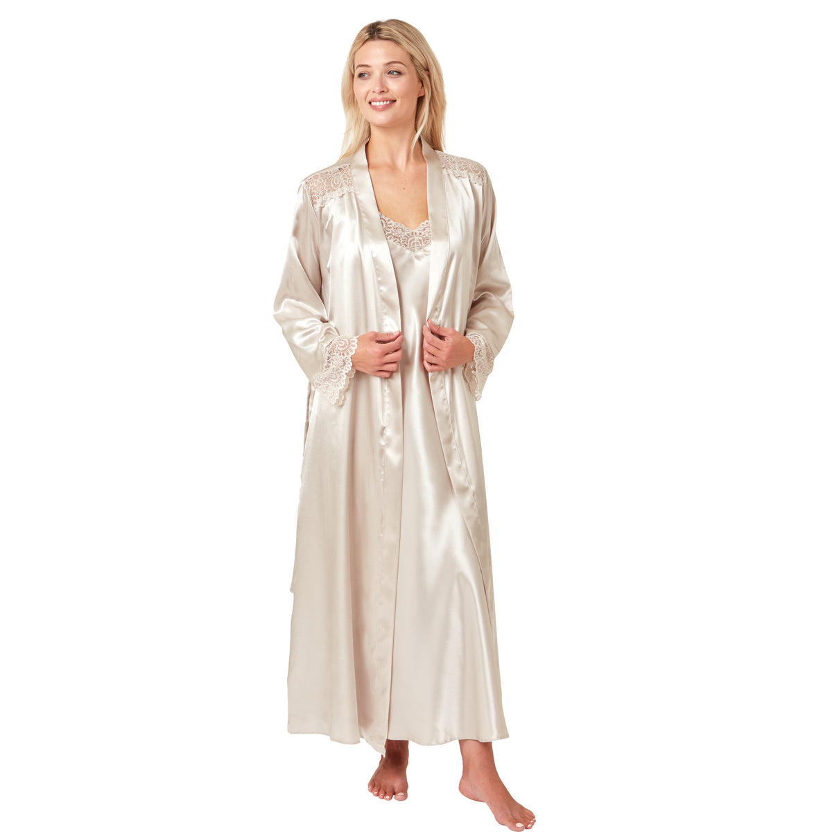 Matching Gold Beige Sexy Satin Long Chemise & Wrap Set Negligee Linger ...