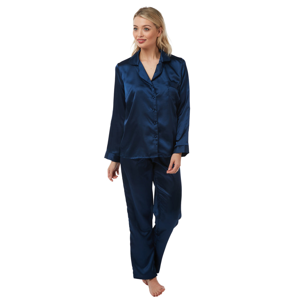 Sexy Satin Plain Navy Blue Pyjamas PJs Set Negligee Lingerie – Just For ...