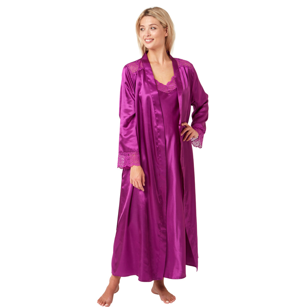 Matching Pink Sexy Satin Long Chemise & Wrap Set Negligee Lingerie PLU ...