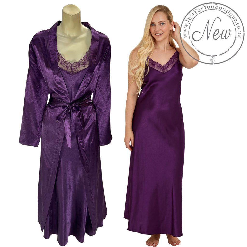 Long Full Length Purple Sexy Satin & Lace Chemise & Wrap Set – Just For ...