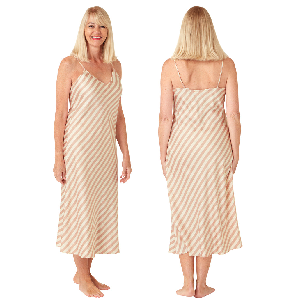 Long Full Length Nude Pink Stripe Sexy Satin Chemise Nightdress Nighti ...