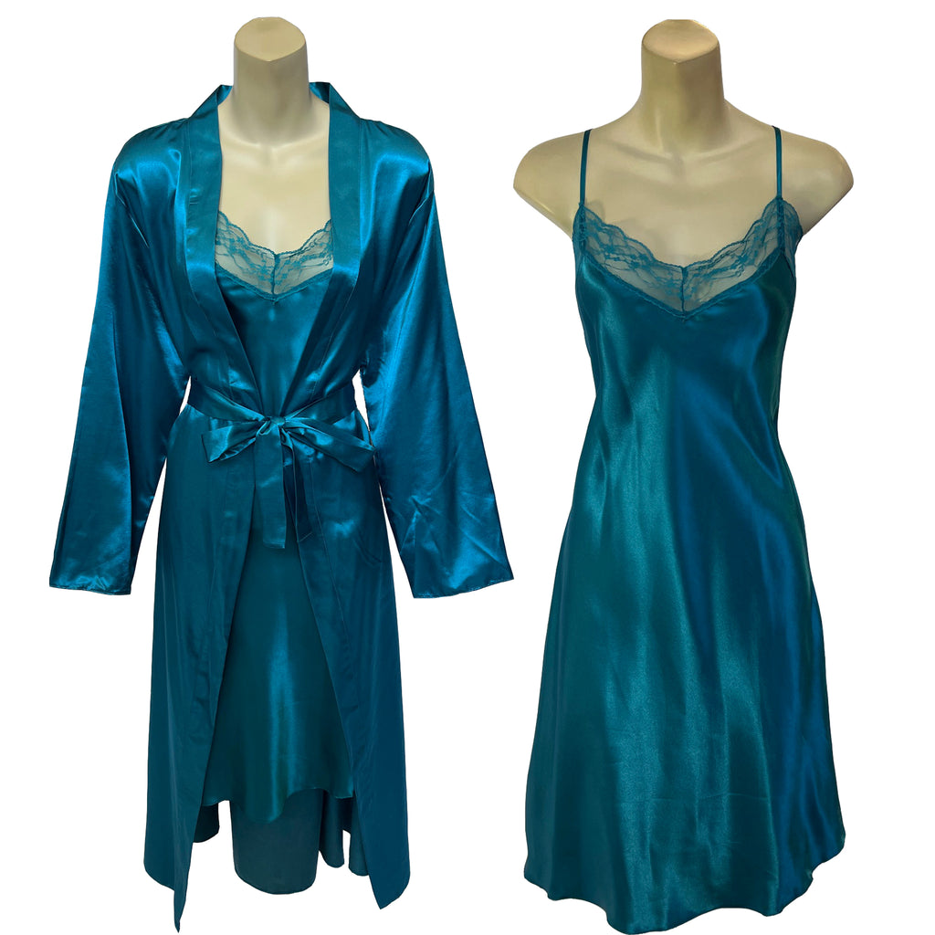 Teal Blue Sexy Satin & Lace Short Chemise & Wrap Set – Just For You ...