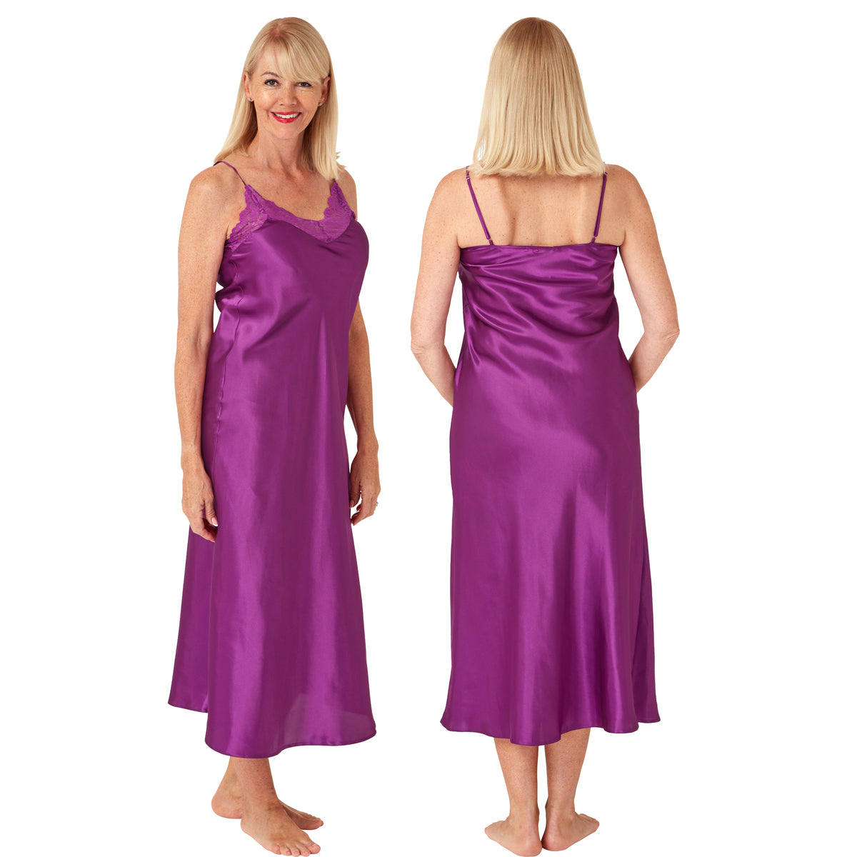 Long Full Length Pink Lace Sexy Silky Shiny Satin Chemise Nightdress N ...