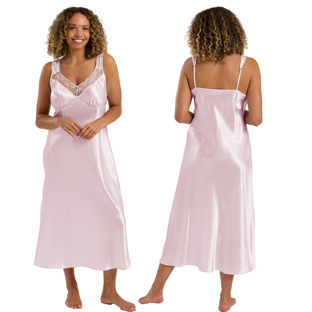 Long Full Length Pastel Pink Sexy Silky Shiny Satin Lace Chest Nightdr ...