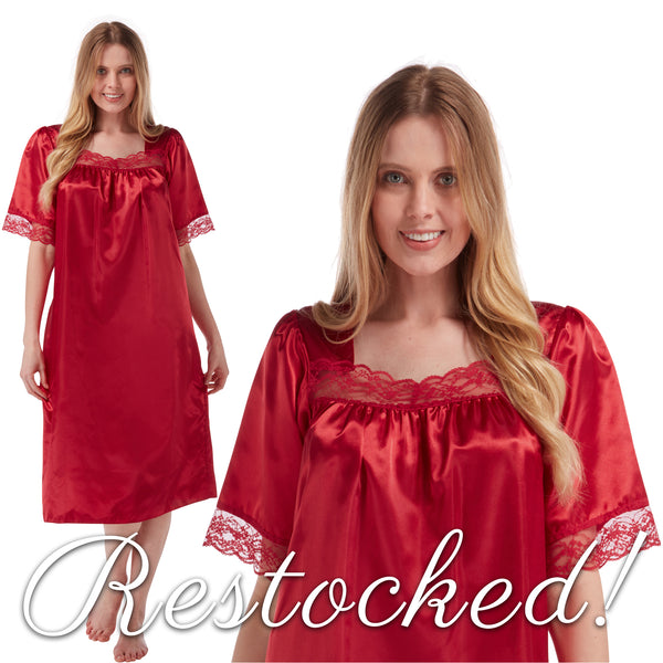 Red Sexy Shiny Silky Satin Lace Short Sleeve Nightdress Nightie PLUS S ...
