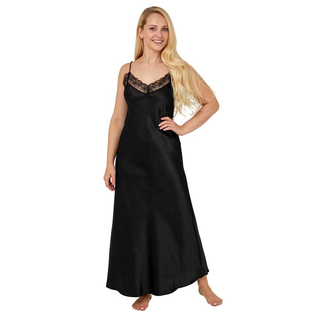 Long Full Length Black Sexy Satin Lace Nightdress Chemise Negligee Lin ...