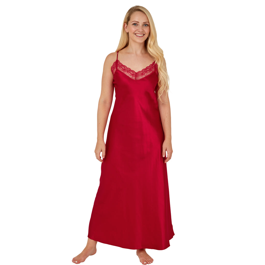 Long Full Length Red Sexy Silky Satin Lace Nightdress Chemise Negligee ...