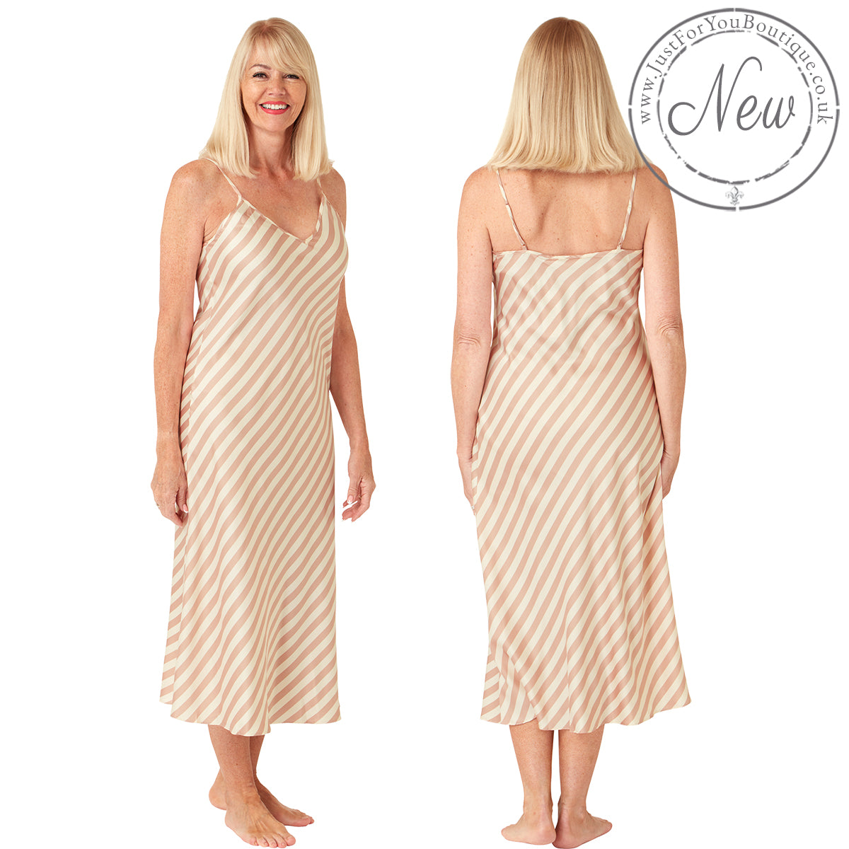 Long Full Length Nude Pink Stripe Sexy Satin Chemise Nightdress Nighti ...