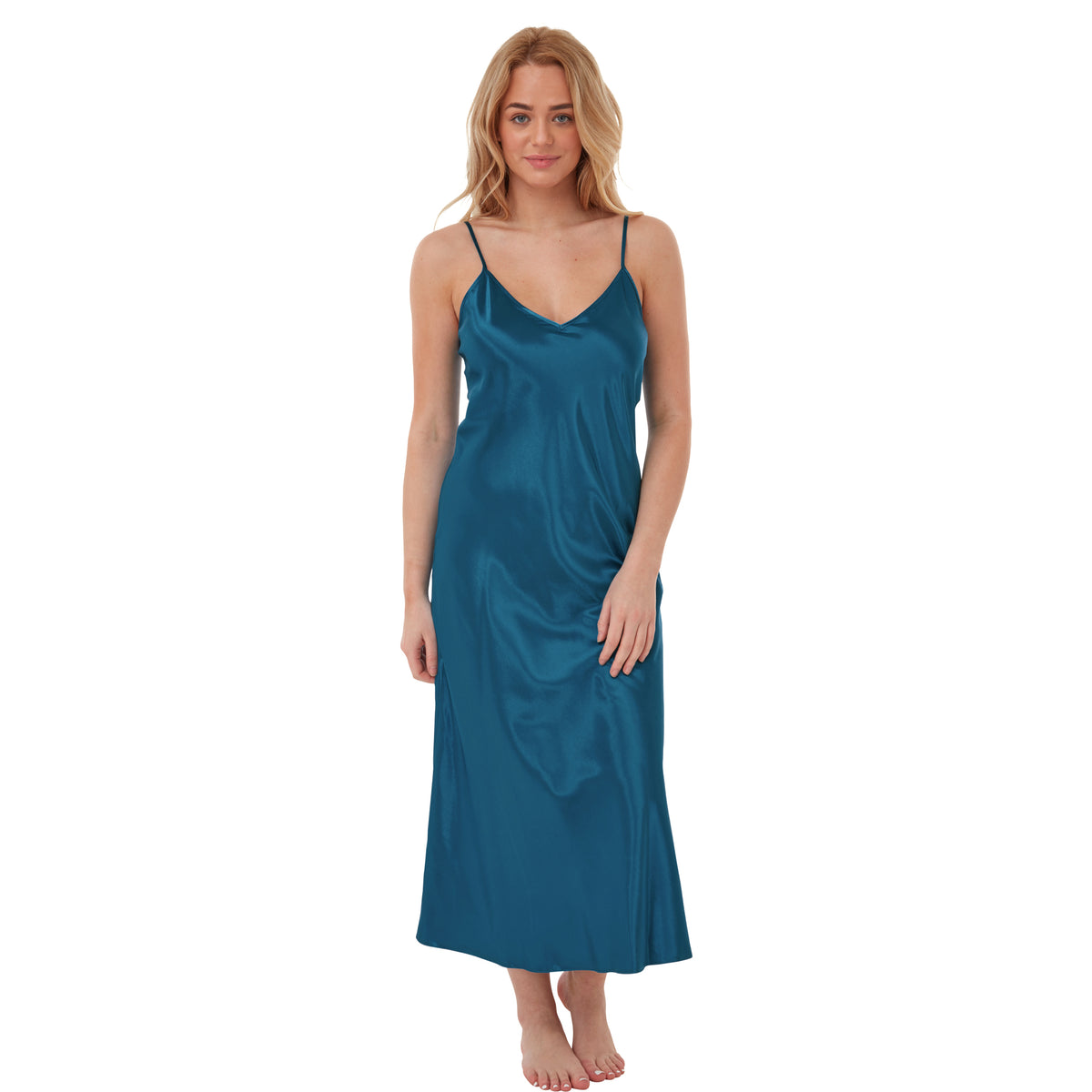 Long Full Length Plain Teal Blue Sexy Satin Chemise Nightdress Neglige ...